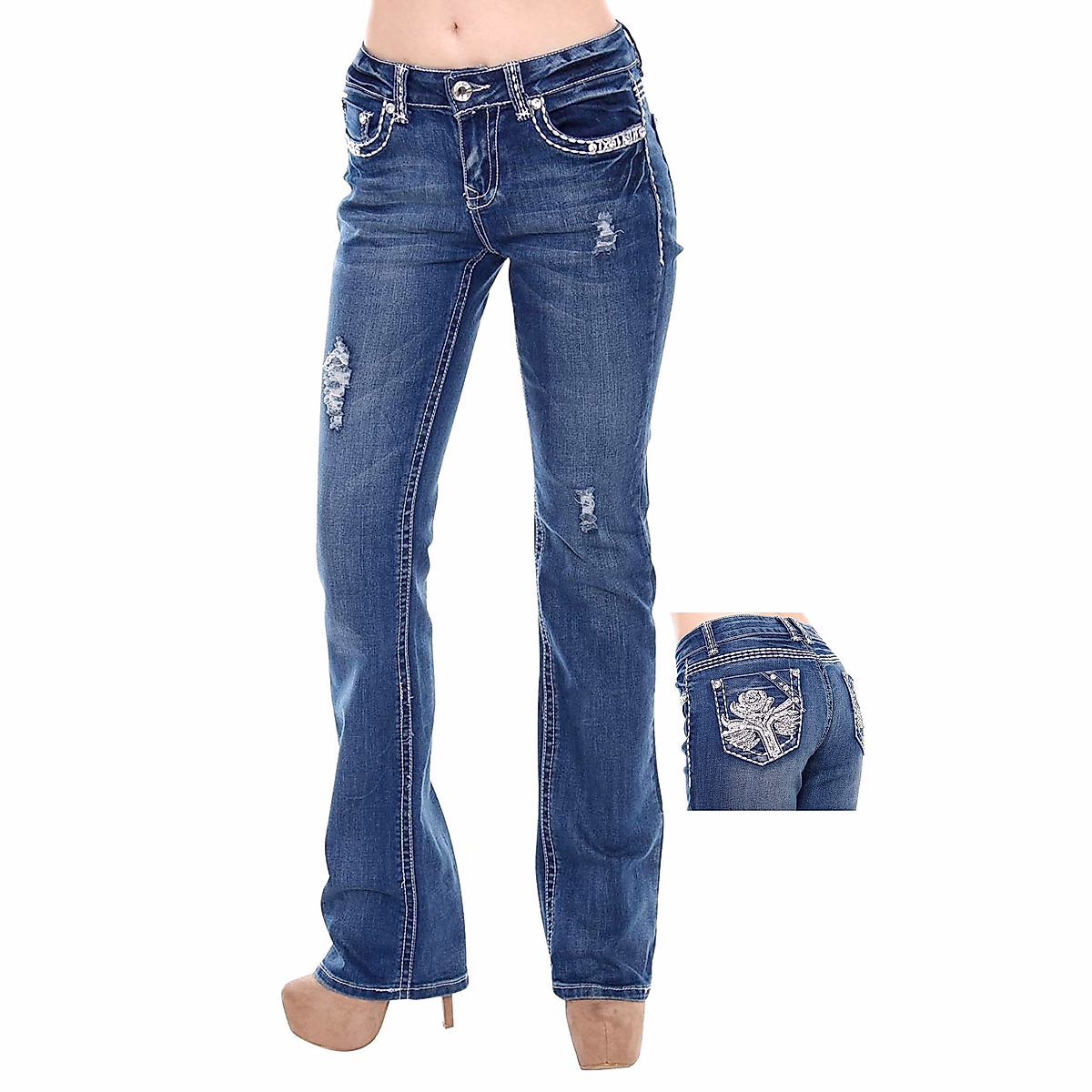 Jack David/LA Idol/Sexy Couture Women's Rhinestone Mid Rise Bootcut/Skinny Blue Stretchy Denim Jeans Pants