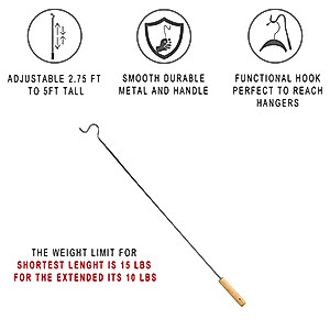 Closet Reacher Pole with Hook and Wooden Handle, Heavy Duty - Adjustable 2.75 – 5 Feet, Chrome Plated Steel Clothing Hanger Shepherds Hook to Easily Reach Clothes etc. - Perfect for College Dorm