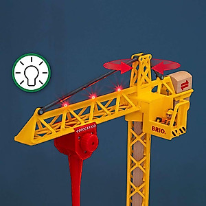 BRIO 33835 Construction Crane with Lights | Wooden Toy Train Set for Kids Age 3 and Up, Yellow