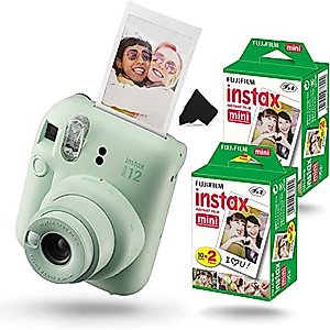 Fujifilm Instax Mini 12 Instant Camera, Mint Green Camera with 40 Photo Sheets, Cleaning Cloth, and INSTAX UP App, Portable, Easy to Use, Automatic Settings, Front Mirror for Selfies, 2 AA Batteries