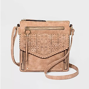 VR NYC Zip Closure Mosaic Design Laser Cut Crossbody Bag - Natural