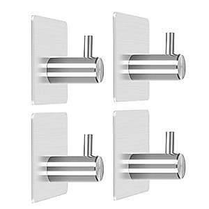 SKEMIX Self Adhesive Hooks,Heavy Duty Wall Hooks Coat Hooks Robe/Towel Hooks, 304 Stainless Steel Brushed Nickel Bathroom Kitchen Organizer (4-Pack)