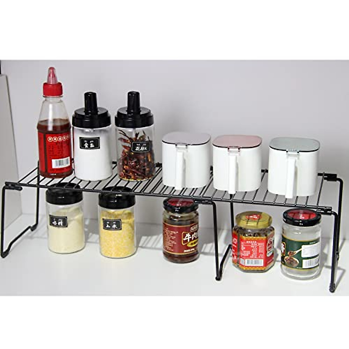 VANLAMNI Expandable Kitchen Counter and Cabinet Storage Shelf, Steel Rack Organizer for Kitchen, Cabinet, Bathroom,Black,2 Pack