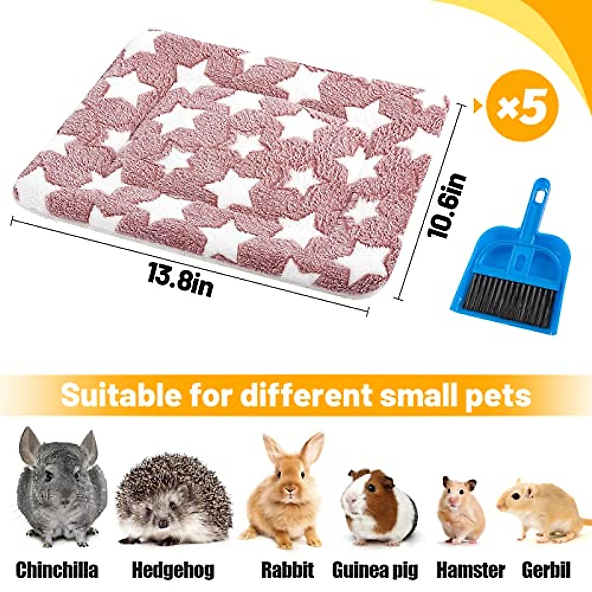 MEWTOGO 5 PCS Rabbit Guinea Pig Hamster Bed Mat - Small Animal Winter Sleep Bedding Fleece Mats with Cleaning Dustpan Brush, Thickened Plush Soft Warm for Chinchilla Squirrel Hedgehog