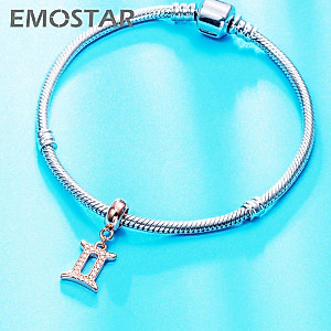 Gemini Zodiac Sign Charms fits Pandora Charm Bracelet – Rose Gold 925 Sterling Silver Necklace Pendant, 12 Horoscope Constellation Dangle CZ Beads, Gifts for Women/Mom