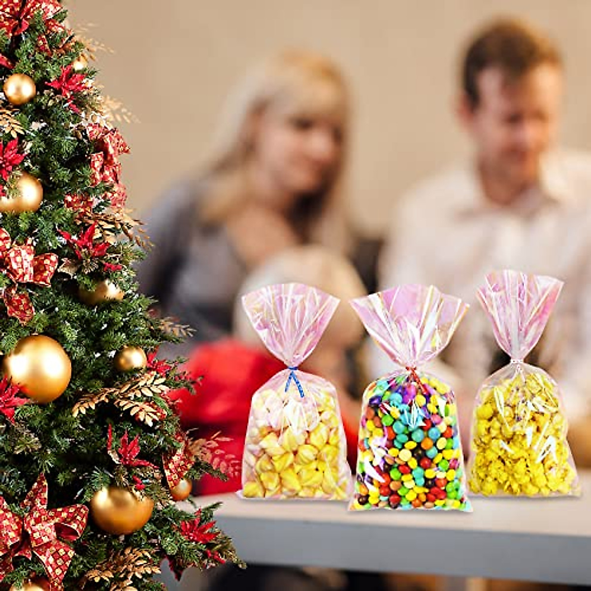 Yotelab Easter Cellophane Treat Bags, 6x12 Inches Iridescent Holographic Cellophane Goodie Bags, Party Favors Bags with Twist Ties,100Pieces