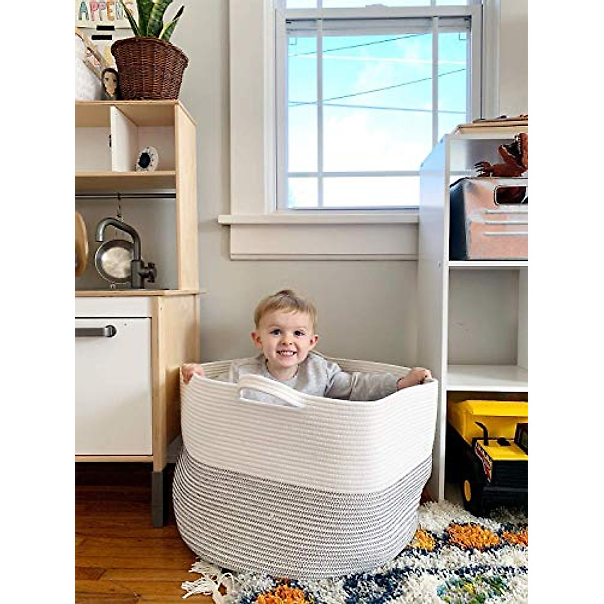 INDRESSME XXXL Large Woven Basket (Set of 2) -Woven Baby Laundry Basket for Blankets, Toys, Pillow Cotton Rope with Handles