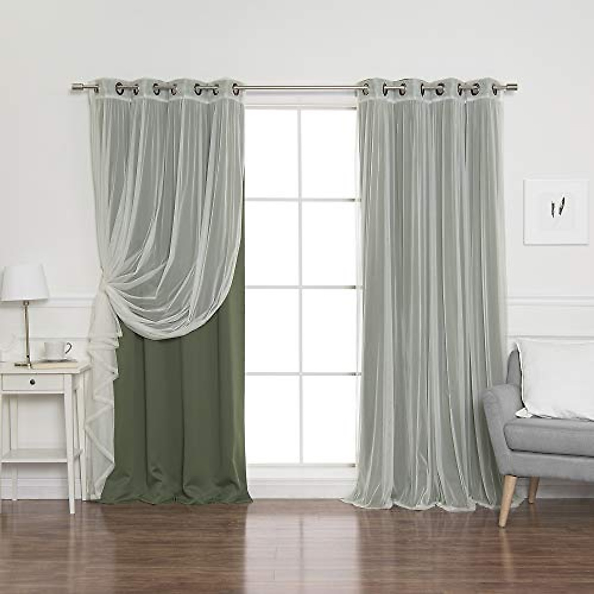 Best Home Fashion uMIXm Tulle Sheer Lace and Blackout 4 Piece Curtain Set – Antique Bronze Grommet Top – 52" W x 84" L – (Set of 4 Panels) (52" W x 84" L - Each Panel, Moss)