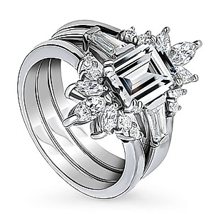 BERRICLE Sterling Silver 3-Stone Wedding Engagement Rings Emerald Cut Cubic Zirconia CZ 7-Stone Ring Set for Women, Rhodium Plated Size 5.5