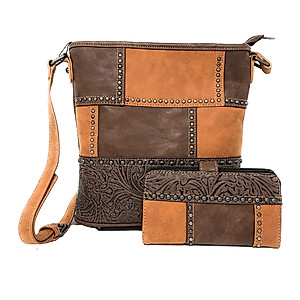 American Bling Concealed Gun Messenger Purse Wallet Set Tooling Patchwork Coffee, Medium