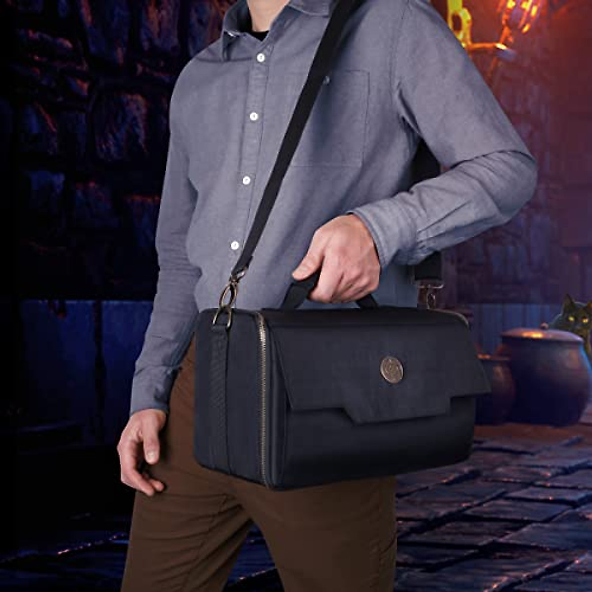 ENHANCE Miniature Figure Satchel - Compact Storage & Carrying Case for DnD Miniatures with Shoulder Strap, 3 Foam Trays (2 Pre-Cut Trays and 1 Pick & Pluck Tray) - Fits Standard 20mm to 25mm Figures