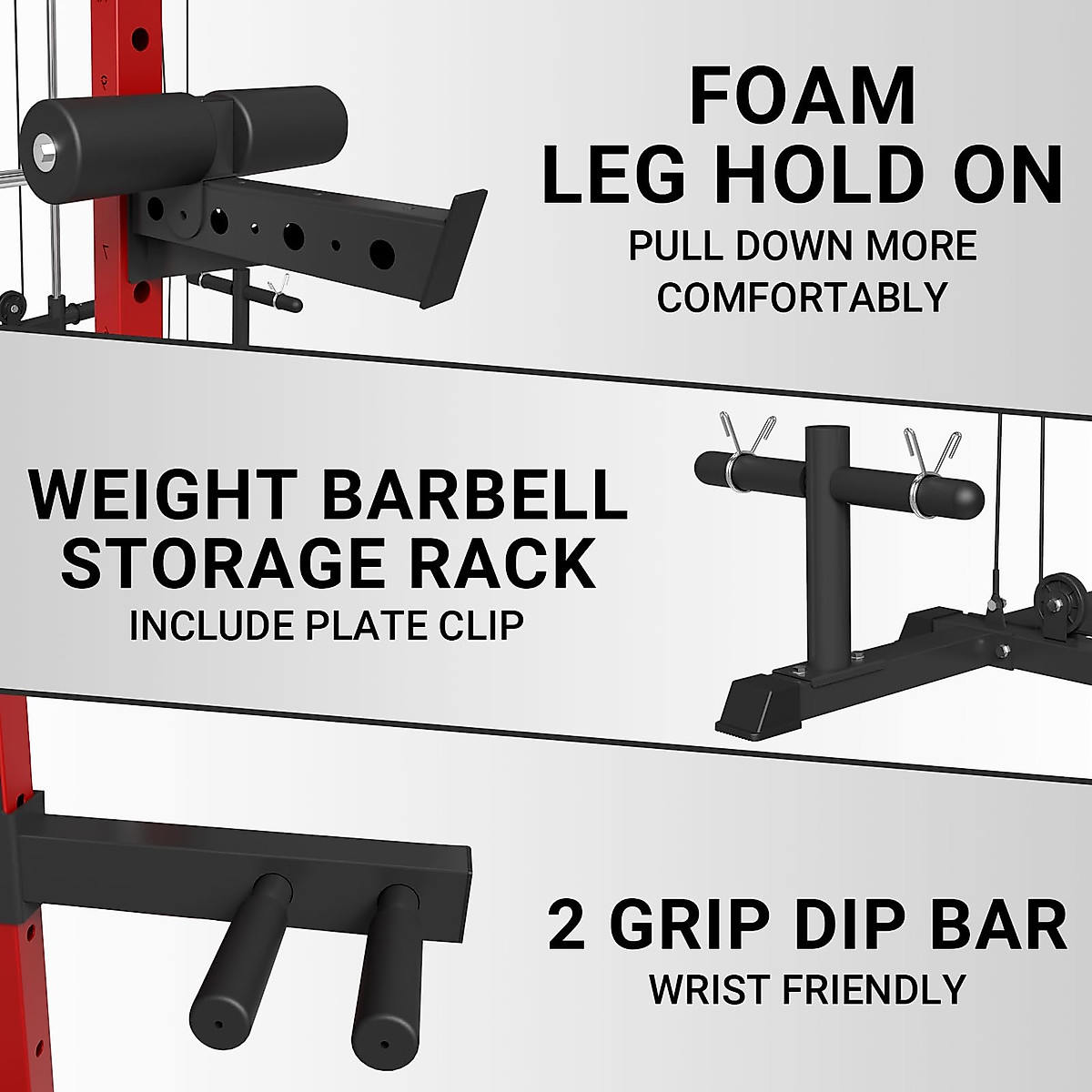 ER KANG Smith Machine, 2000LBS Strength Training Power Cage with Smith Bar and LAT Pull Down System, Multi-Function Linear Bearing Cable Crossover Machine for Home Gym, 2×3”, Red