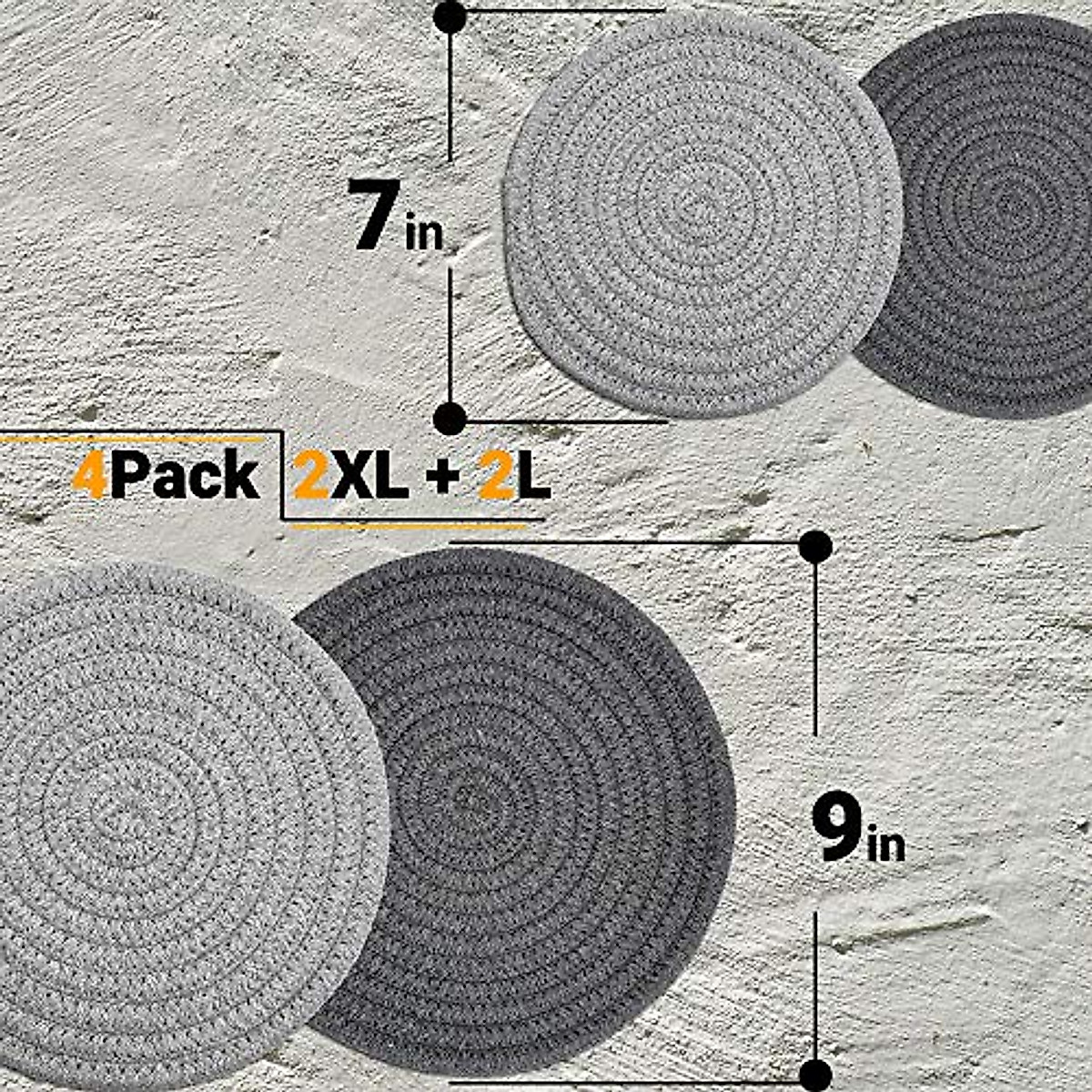 Potholders Set Trivets Set of 4[Two 9-Inch + Two 7-Inch] | 100% Eco Pure Cotton Thread Weave Trivets for Hot Pots and Pans | Hot Coasters | Hot Pads for Kitchen | Hot Mats | Light Gray & Dark Gray