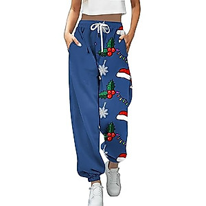 Jogger Sweatpants Women,Womens Sweatpants with Pockets Xmas Santa Claus Print Elastic Waisted Workout Active Joggers Drawstring Baggy Sweatpants Ugly Print Blue XL