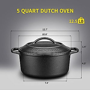 EDGING CASTING Pre-Seasoned Cast Iron Dutch Oven Pot with Lid Dual Handle, Round 5 Quart, Black