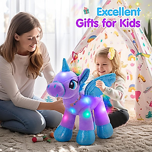 Houwsbaby 14'' Purple LED Light Up Unicorn Stuffed Animal,Unicorn Plush Toy,Glowing Horse Plush Toy Night Light Glitter Present for Kids Boys Girls Present for Easter Birthday Festival Christmas