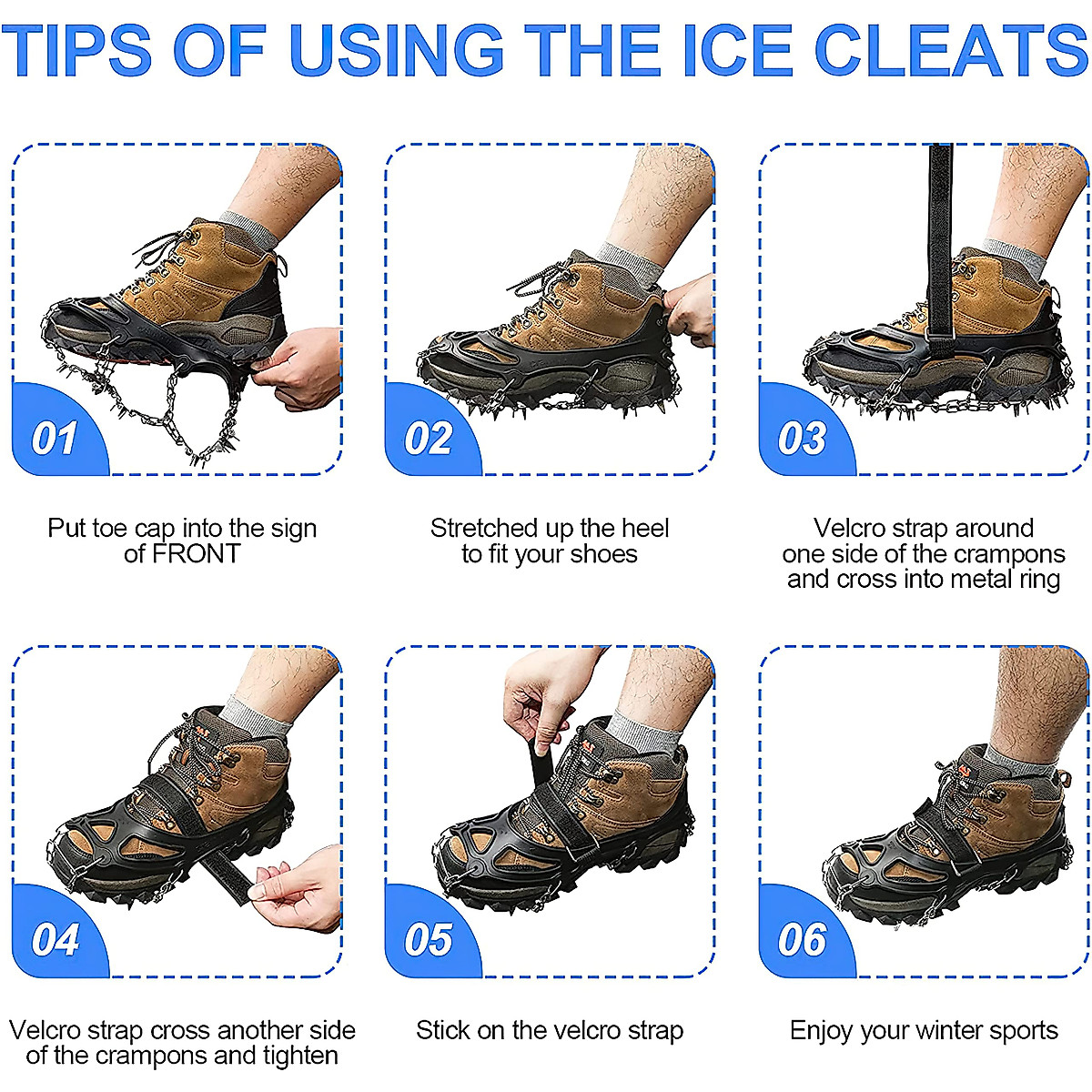 Piscorush 24 Spikes Crampons Ice Cleats Traction Snow Grips Boot Chains Women Men Kids for Hiking Shoes and Boots Steel Anti Slip Hiking Fishing Walking Mountaineering (Black, Medium)