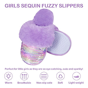 Girls Plush House Slippers Fluffy Sequin Slippers, Cute Faux Fur Slip-on Shoes Memory Foam House Slipper