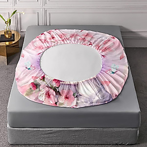 AILONEN Cat Kids Full Fitted Sheet Set,Pink Cherry Blossom Kitten Bed Sheet Set for Girls,Kawaii Cat Fitted Sheet with 2 Pillowcases,3 Piece Butterfly Cat Soft Bedding Set