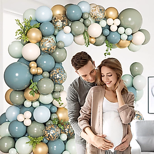 152Pcs Dusty Blue Sage Green Balloons Garland Arch kit, Sage Green Dusty Blue Pastel Green Sand White and Gold Balloons for Boho Bridal Shower Wedding Woodland Birthday Baby Shower Decorations