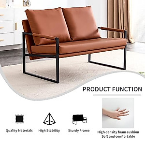 RIGHTPARTS Modern Two-Seater Sofa Chair, Living Room Sofa with 2 Pillows,PU Leather Sofa Bed, High-Density Foam, Black Coated Metal Frame,Brown