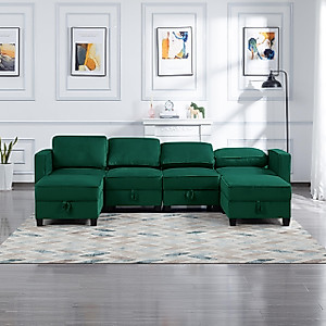 Lepfun 116'' Modular Sectional, U-Shaped Velvet, Minimalist Convertible Modern 6-Seat Couch with Chaise Ottomans Living Room Sofa Sets for Office Apartment (Green)