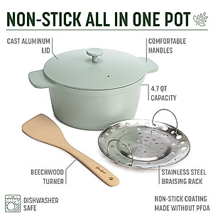 Goodful All-In-One Pot, Multilayer Nonstick, High Performance Cast Dutch Oven With Matching Lid, Roasting Rack And Turner, Made Without PFOA, Dishwasher Safe Cookware, 4.7-Quart, Sage Green