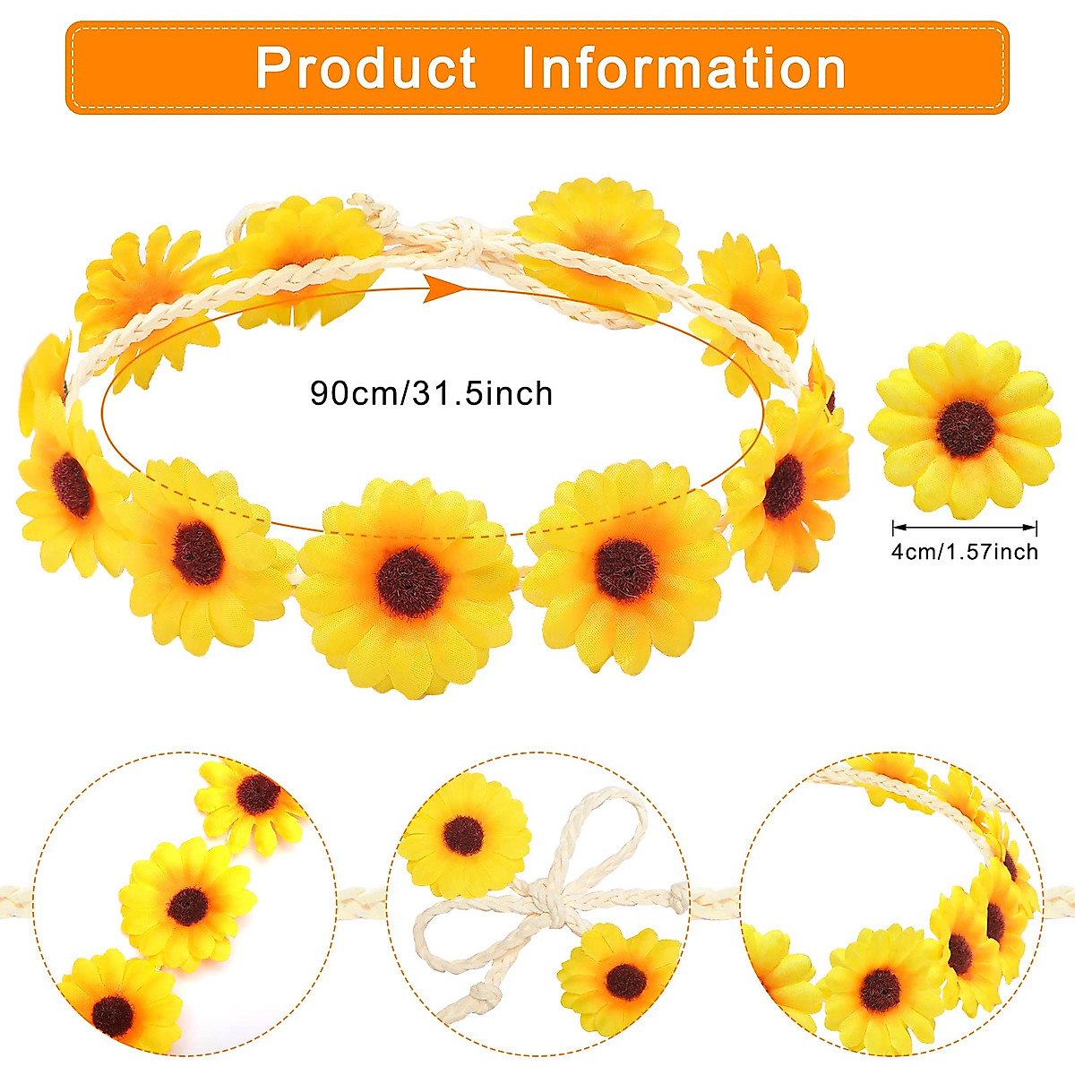 16 Pieces Sunflower Headbands for Women Yellow Daisy Headbands Flower Crowns Hippie Hair Accessories Sunflower Crowns Party Favor for Wedding Bridal Shower Festivals Photo Props Women Girls Baby