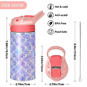 MCHIVER Mermaid Scales Kids Water Bottle with Straw Insulated Stainless Steel Kids Water Bottle Thermos for School Boys Girls Leak Proof Cups 12 oz / 350 ml Pink Top