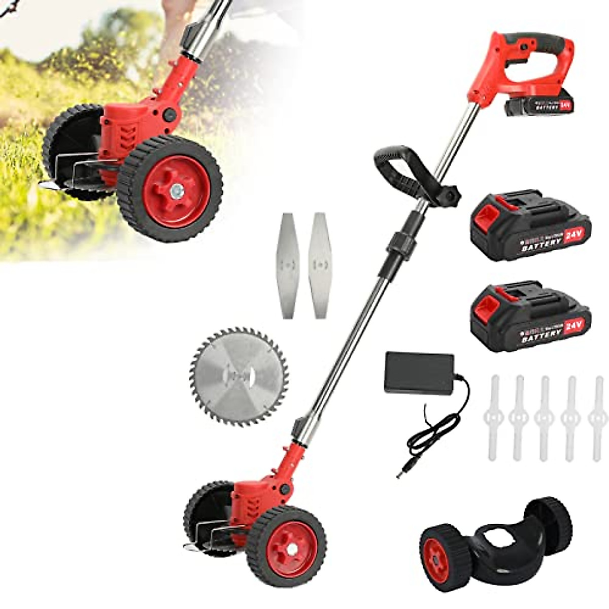 Electric Lawn Mower Grass Trimmer 24V 800W Full Functional Cordless String Trimmer Telescopic Rod D-Shaped Handle Weed Wacker Trimmer 20000 RPM Multi-Purpose Lightweight Bush Cutter for Garden Lawn