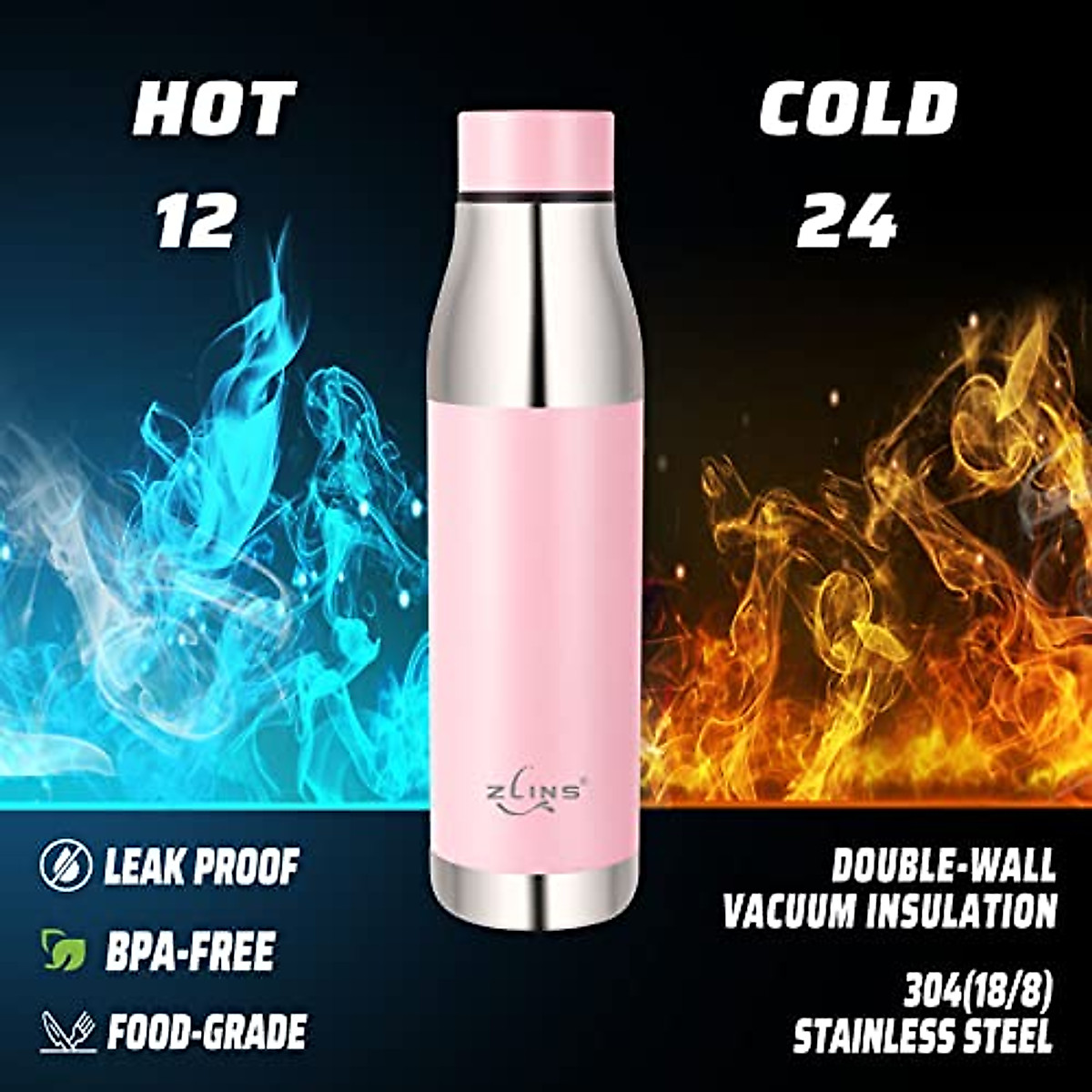 ZLINS Stainless Steel Vacuum Insulated 22oz Water Bottle Leak-Proof - Reusable Double Walled Metal Thermos - Sports Flask Great for Travel, Hiking, Camping(Pink)