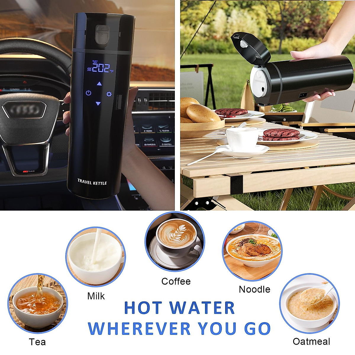 Travel Kettle, Car Electric Kettle 12V/24V, Portable Kettle for Boiling Water, Water Boiler with 304 Stainless Steel Dry Burn Protection and Handy Cup Bag, Camping and Road Trip Essential