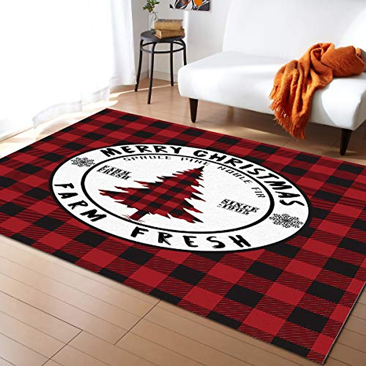Christmas Area Rugs Living Room Floor Mat Merry Christmas Farm Xmas Tree Snowflake Red Plaid Collection Non-Slip and Washable Carpets for Indoor Bedroom Kids Room Home Decor, 2.7x5 Feet