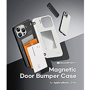 GOOSPERY Magnetic Door Bumper Compatible with iPhone 13 Pro Case, Card Holder Wallet Case, Easy Magnet Auto Closing Protective Dual Layer Sturdy Phone Back Cover - White