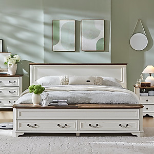 T4TREAM Farmhouse King Bed with Headboard and Storage Bench, Rustic Wood Platform Bed with 80" Storage Chest w/ 4 Large Storage Drawer, Antique White