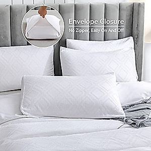 JELLYMONI White Waffle Duvet Cover Queen Size - 3PCS Textured Microfiber Comforter Cover with Diamond Jacquard Pattern, Luxury Soft Bedding Set with 8 Corner Ties & Double Zipper Closure