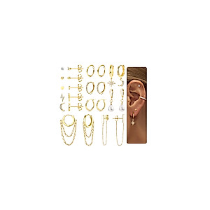 FASACCO 18K Gold Plated Chain Earrings Set: 12Pcs Stainless Steel Hoop, Stud, Pearl, Moon & Star Dangle Earrings for Multiple Piercings