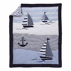 Nautica Nautical Adventure Blue & White Sailboat, Anchor, Waves, & Stripes 4Piece Nursery Crib Bedding Set - Comforter, 100% Cotton Fitted Crib Sheet, Crib Skirt, & Storage, Navy, Light Blue, White,