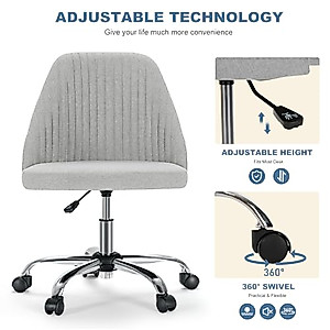 DUMOS Fashion Small Wheels Cute Vanity Swivel Back Mid Century Modern Armless Home Desk Task Chair for Bedrooms, Office, Dressing Room, Study, Grey