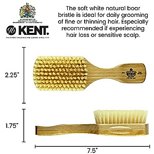 Kent OS11 Satinwood Rectangular Military Club Hair Brush and Facial Brush for Beard Care, Soft White Natural Boar Bristle Brush for Fine or Thinning Hair Mens Grooming, Hair Care, and Beard Brush