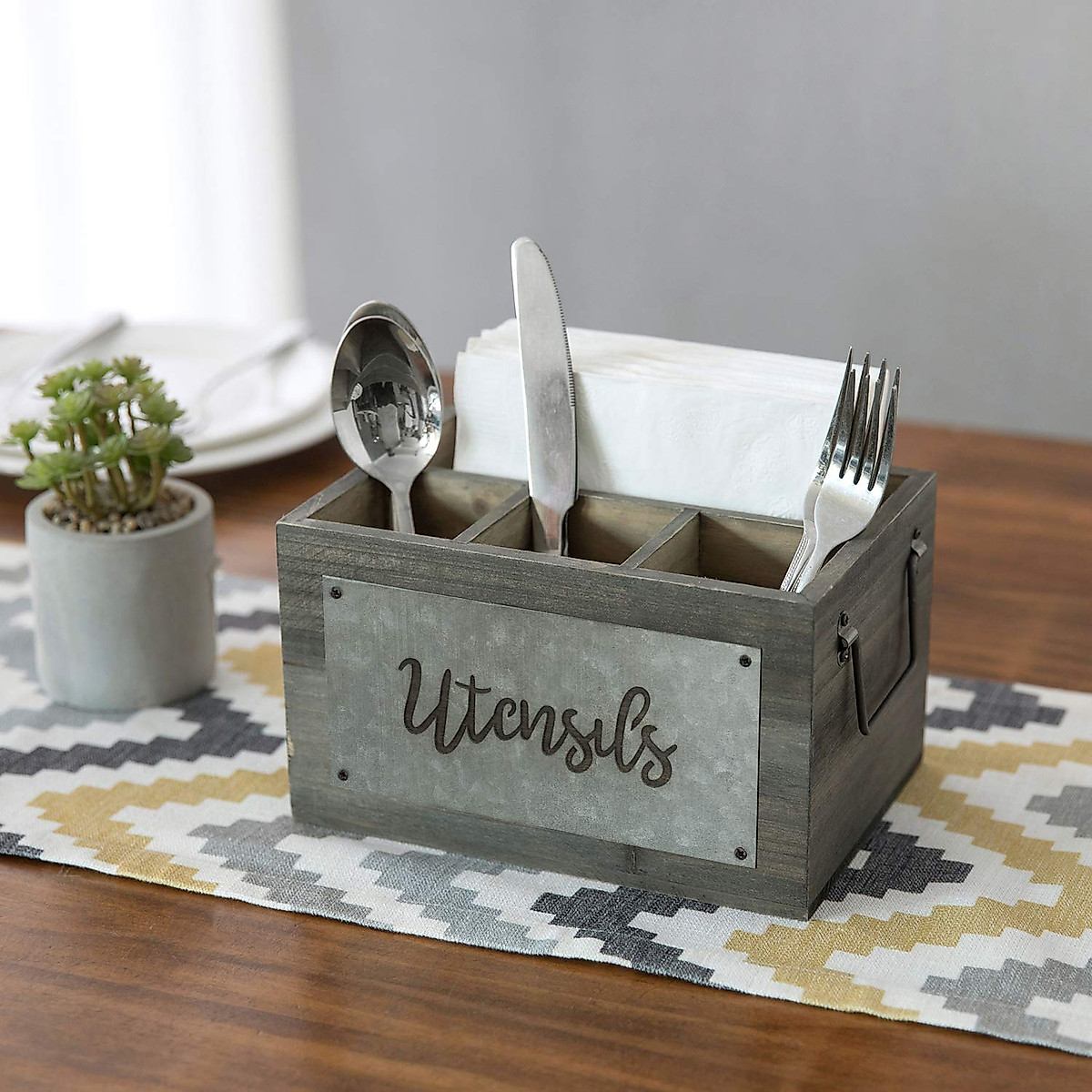 MyGift 4 Compartments Vintage Gray Wood Flatware Organizer and Napkin Holder Caddy with Rustic Metal Handles and UTENSILS Design Galvanized Panel for Kitchen Counter, Dining Room Table, Buffet Server