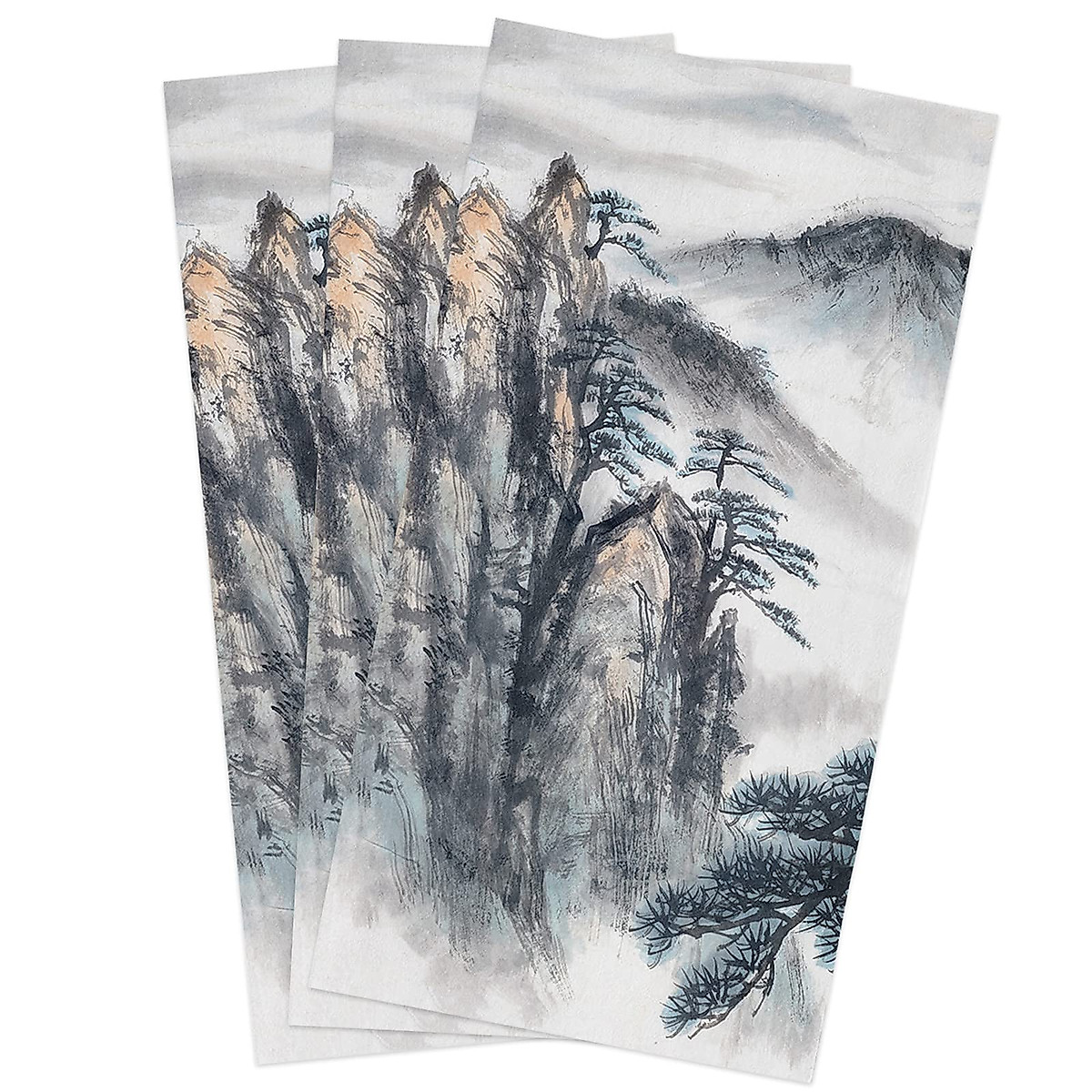 3 PCS Kitchen Towels with Hanging Loop Super Absorbent Soft Dish Towels Chinese Painting Print Tea Hand Towels Drying Cleaning Asian Mountain Range Landscape Nature Trees Sketchy Illustration,