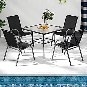 MEDIMALL Patio Chairs, Stackable Patio Chairs Set of 4, Black Lawn Chairs with Armrest & Breathable Fabric for All Weather, Outdoor Dining Chairs for Yard, Poolside, Balcony, Garden