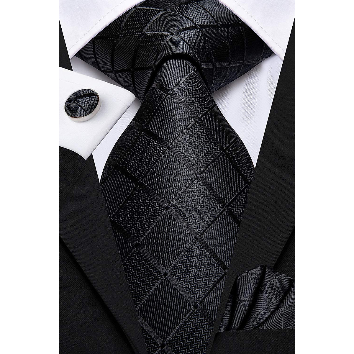 Hi-Tie 3/5 Pcs Gift Box Mens Tie Set Necktie with Pocket Square and Cufflinks Silk Neck Tie Collection,Black