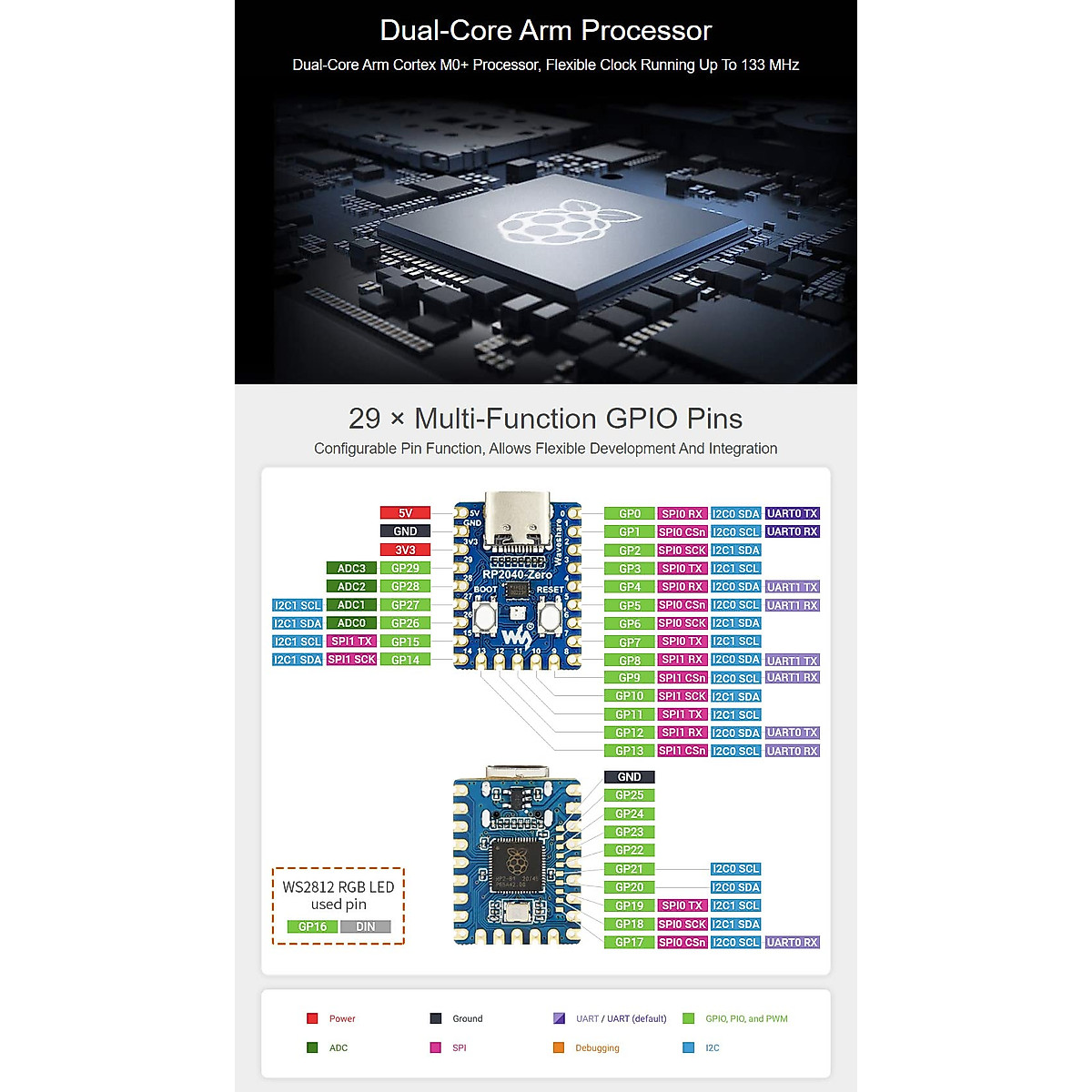 Waveshare RP2040-Zero High-Performance Pico-Like MCU Board Based On Raspberry Pi Microcontroller RP2040 Castellated Module Allows Soldering Direct to Carrier Boards-3pcs