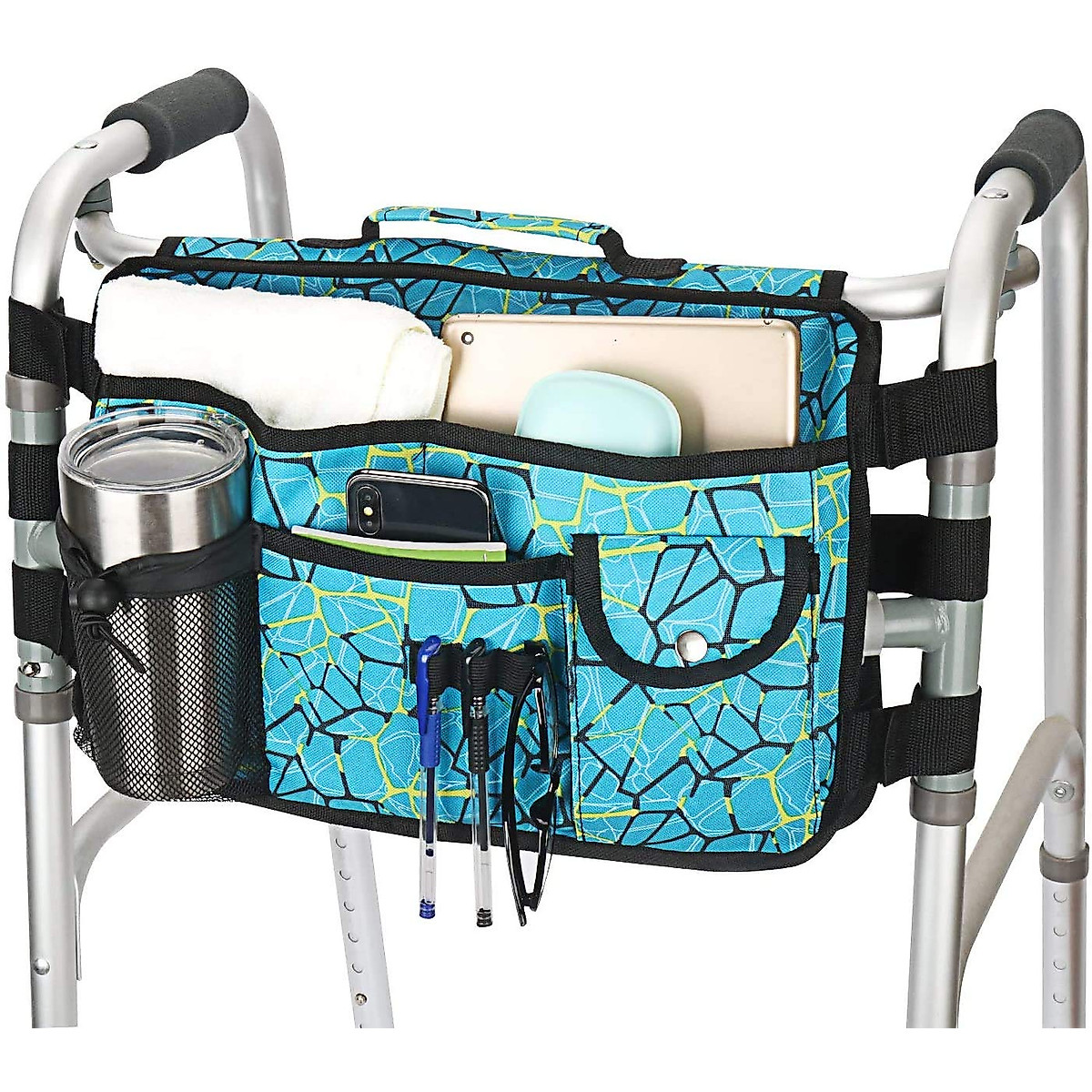 Double Sided Walker Bag, Walker Organizer Pouch Tote for Rollator and Folding Walker (Plaidblue)