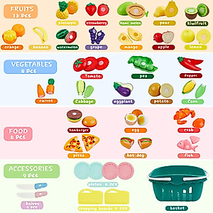 FLMRIOY 77 Pcs Cutting Play Food Toys for Kids Kitchen Accessories Peel & Cut Fruits and Vegetables Pretend Role Play Set with Storage Basket Fake Food Toys for Toddlers Children's Day Gift