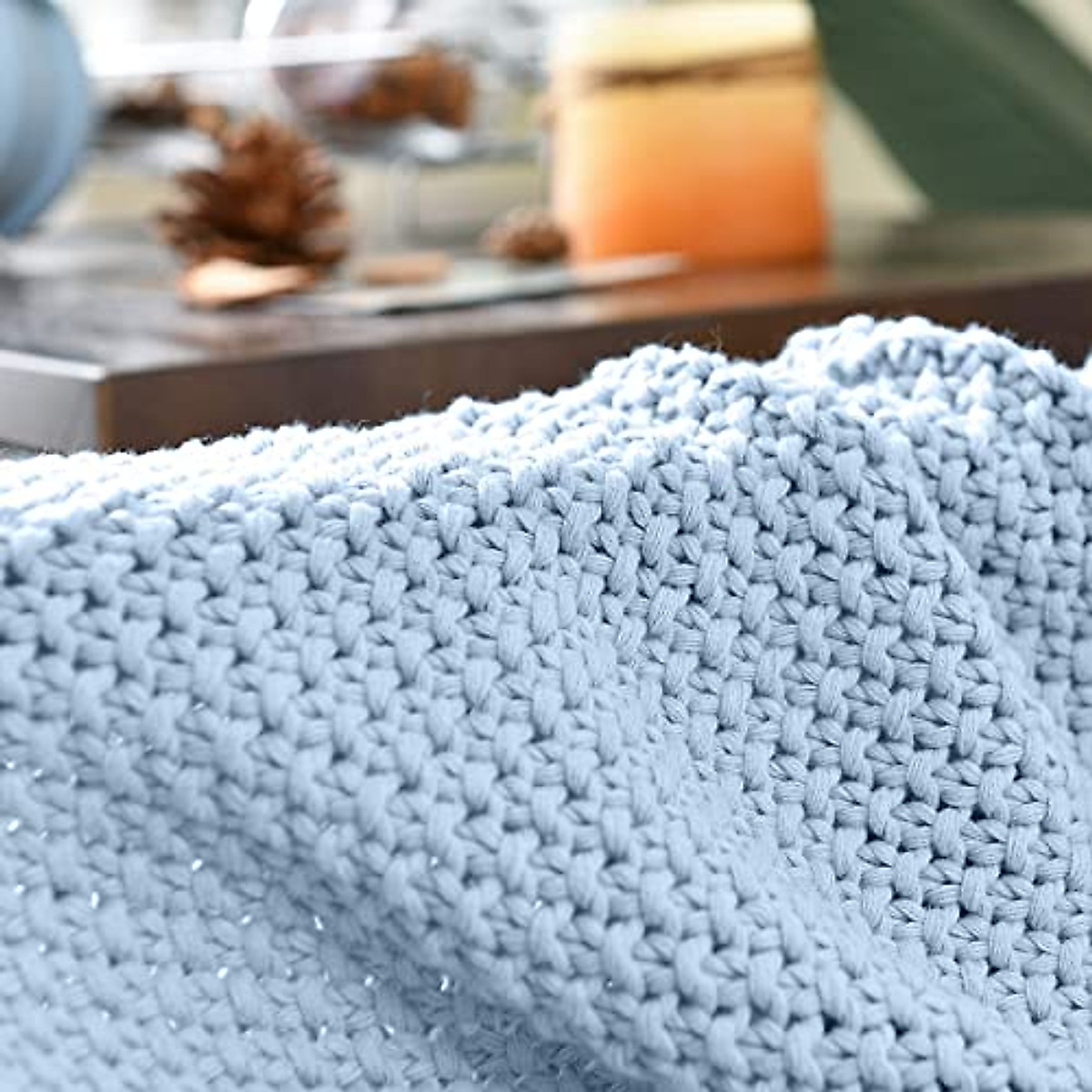 jinchan Cable Knit Throw Blanket Light Blue Sweater 100% Cotton Blanket for Couch Sofa Bed Woven Blanket Spring Throw Blanket Baby Nursery Women Gifts All Season 45x70 Inch