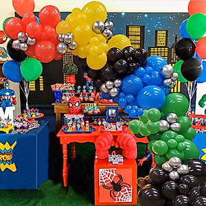 152pcs Red Blue Yellow Balloon Garland Kit with Metallic Silver Balloons, Colourful Balloon Arch Kit with Red Black Green Balloon for Kids Birthday Carnival Superhero Themed Party Decor