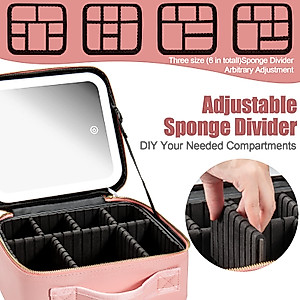 Seoneiro Makeup Travel Bag with LED Lighted Mirror Adjustable Brightness Portable Waterproof Makeup Case with Adjustable Dividers, Make up Train Case Organizer Makeup Brush Accessories and Tool Case